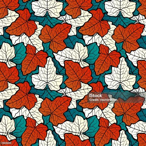 가을 잎 녹 테라코타 청록색 파란색과 크림 화이트 가을 추수 감사절 계절 개요 단풍 자연 완벽 한 패턴 벡터 일러스트 레이 션 가을에 대한 스톡 벡터 아트 및 기타 이미지
