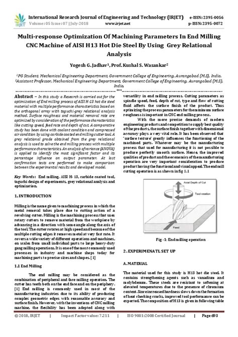 Pdf Irjet Multi Response Optimization Of Machining Parameters In End Milling Cnc Machine Of