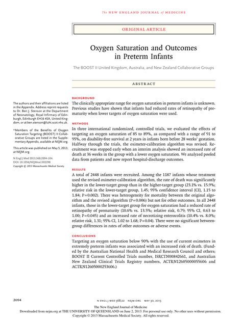 Pdf Oxygen Saturation And Outcomes In Preterm Infants