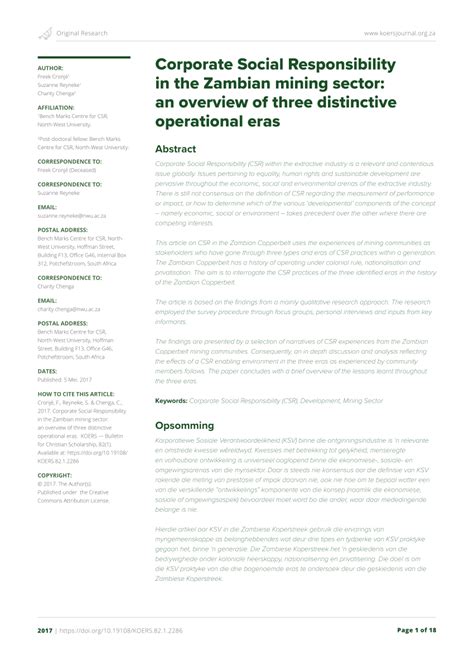 Pdf Corporate Social Responsibility In The Zambian Mining Sector An Overview Of Three