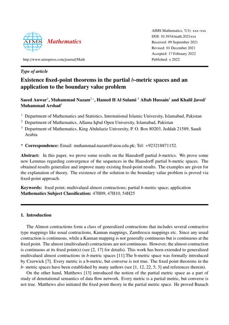 Pdf Existence Fixed Point Theorems In The Partial B Metric Spaces And An Application To The