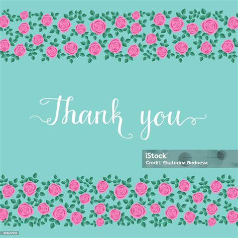 녹색 바탕에 핑크 장미의 아름 다운 테두리입니다 감사 합니다 텍스트 레터링 0명에 대한 스톡 벡터 아트 및 기타 이미지 0명