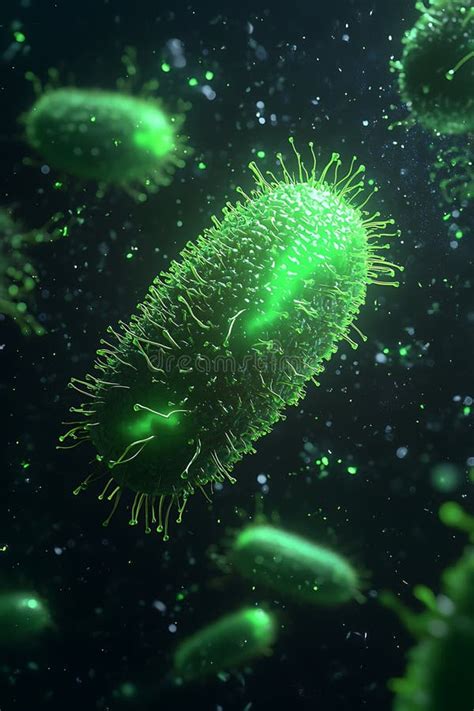 Cluster Of Fluorescent Green Bacteria Floating In A Dark Environment
