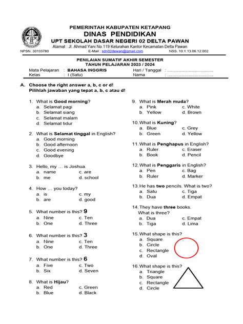 Ulangan Semester Sd 02 Kelas 1 Semester 1 2023 Pdf Elementary