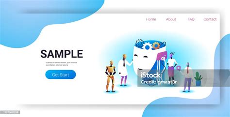 로봇 팀은 뇌 톱니바퀴 브레인 스토밍 프로세스 인공 지능 기술 개념 수평 전체 길이 복사 공간으로 인간의 머리 근처에 기어를 들고 로봇에 대한 스톡 벡터 아트 및 기타