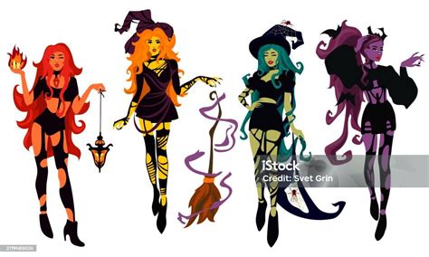 아름다운 젊은 마녀 색깔 마녀 세트 녹색 노란색 보라색 빨간색 마녀 할로윈 의상 컨셉입니다 현대 벡터 일러스트 레이 션 손으로 그린 그림입니다 휴일을 위한 포스터 스티커