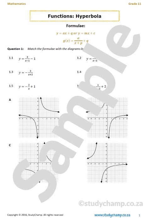 Grade 11 Mathematics Worksheet Functions Hyperbola