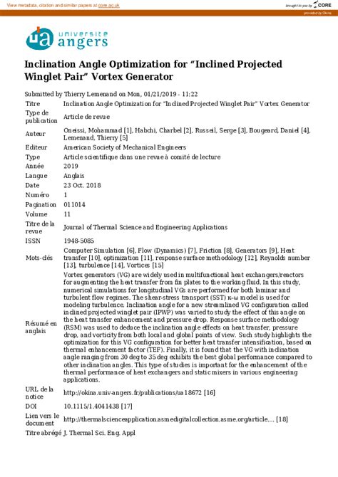 Pdf Inclination Angle Optimization For Inclined Projected Winglet Pair” Vortex Generator