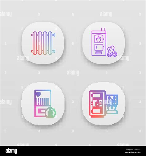 Heating App Icons Set Uiux User Interface Radiator Firewood And Pellet Boiler Solid Fuel