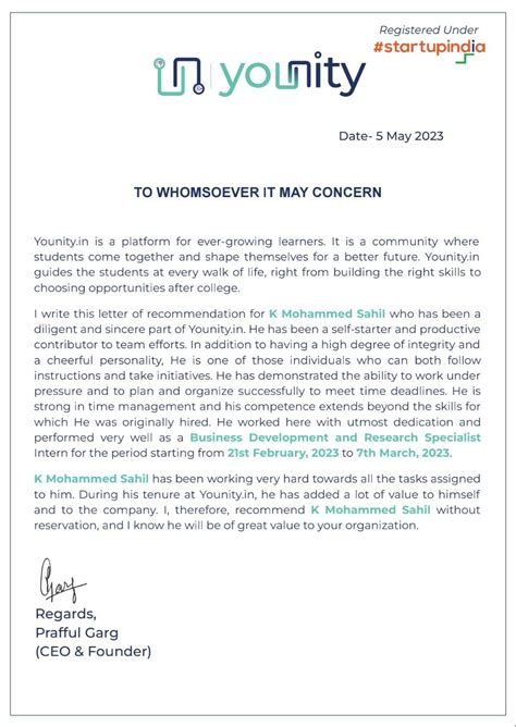 K Mohammed Sahil On Linkedin Internship Younity Letterofrecommendation