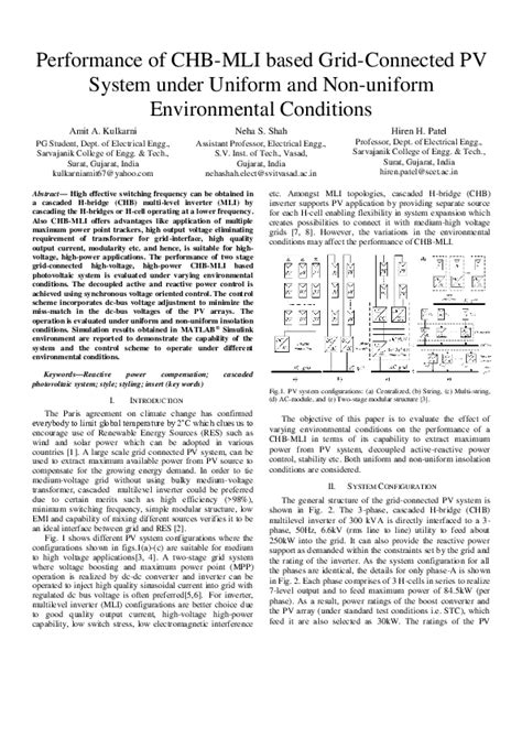 Doc Performance Of Chb Mli Based Grid Connected Pv System Under Uniform And Non Uniform