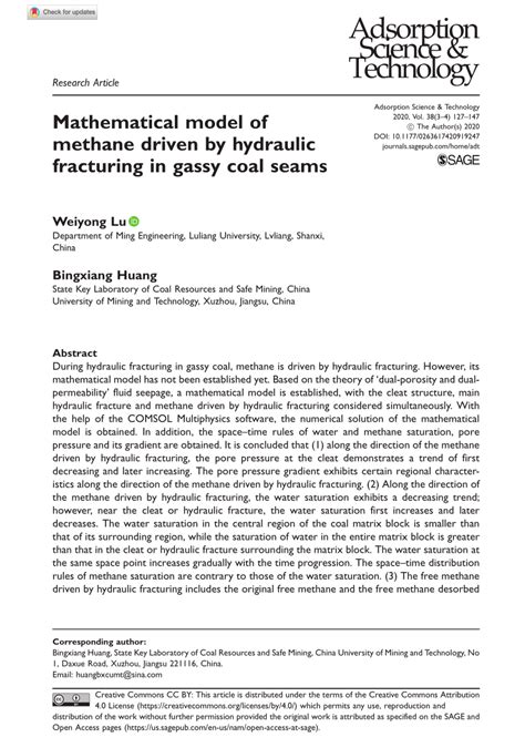 Pdf Mathematical Model Of Methane Driven By Hydraulic Fracturing In Gassy Coal Seams