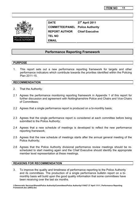 Performance Reporting Framework Nottinghamshire Police Authority