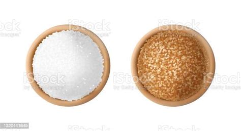 나무 그릇에 흰색과 갈색 설탕 원시 정제되지 않은 유기농 지팡이 설탕 더미 상단 뷰 벡터 일러스트레이션 흑설탕에 대한 스톡 벡터 아트 및 기타 이미지 Istock