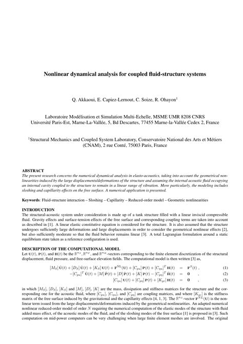 Pdf Nonlinear Dynamical Analysis For Coupled Fluid Structure Systems