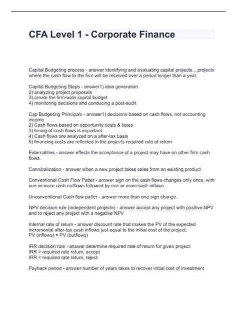 CFA Level Corporate Finance Questions And Answers Corporate Finance Stuvia US