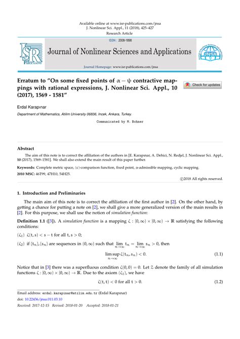 Pdf Erratum To On Some Fixed Points Of α−ψ Contractive Mappings With Rational Expressions J