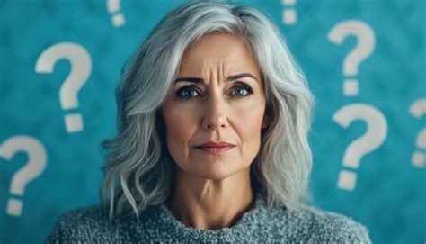 A Woman With Styled Gray Hair Stands Confidently In Front Of A Bright Blue Wall With Question