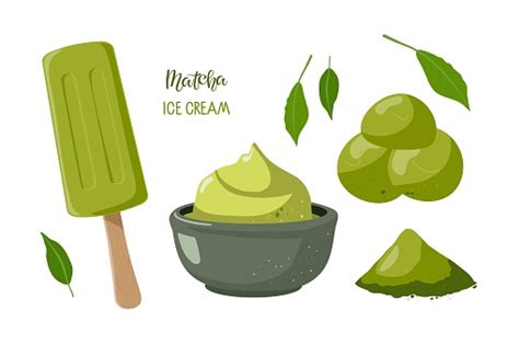 말차 아이스크림은 하얀 배경에 분리되어 있다 스틱에 녹차 아이스크림 아이스크림 공 요리 코스 포스터 개념 요리 학교 부드럽고 시원한 디저트 말차 맛 아이스크림 세트 가루로