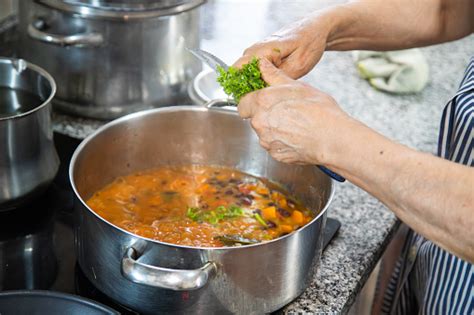 팬이 있는 전기 호브에서 음식을 요리하고 스튜를 만들기 위해 음식을 자르는 사람의 세부 사항 컨셉 집안일 집에서 요리하기 가사 집안일에 대한 스톡 사진 및 기타 이미지