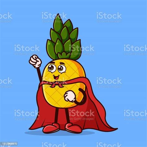 슈퍼 영웅 의상 귀여운 파인애플 캐릭터와 비행을하려고합니다 과일 문자 아이콘 개념 격리 이모티콘 스티커 플랫 만화 스타일 벡터 0명에 대한 스톡 벡터 아트 및 기타 이미지