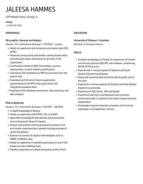 Automation Developer Resume Samples Velvet Jobs