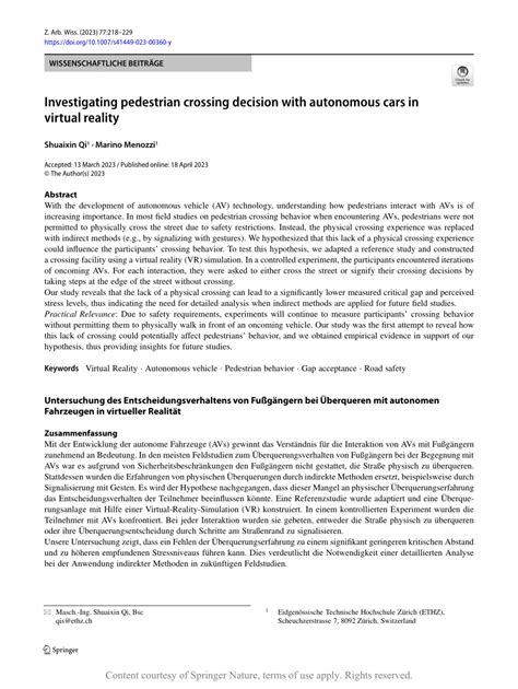 Pdf Investigating Pedestrian Crossing Decision With Autonomous Cars