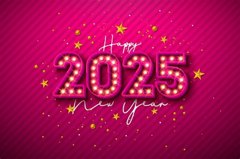 새해 복 많이 받으세요 2025 3d 빛나는 전구 빌보드 타이포그래피 레터링 크리스마스 공 빨간 배경에 황금 별과 함께 그림 파티 전단지 축하 배너 인사말 카드 포스터