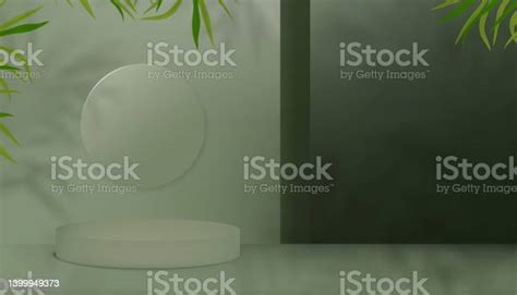 3d 연단 디스플레이가있는 스튜디오 룸 배경 녹색 벽 배경에 야자 잎 그림자 벡터 일러스트 레이 션 배너 스탠드 큐브 모형 봄을위한 최소 스타일 여름 제품 프리젠 테이션