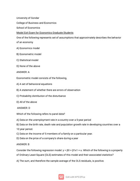 School Of Economics Model Exit Exam University Of Gondar College Of
