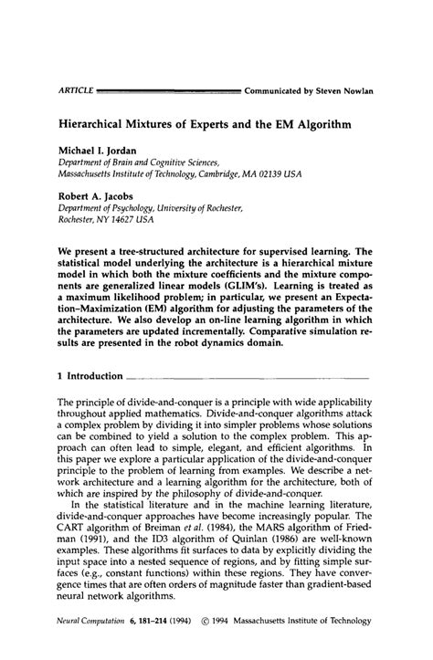 Pdf Hierarchical Mixtures Of Experts And The