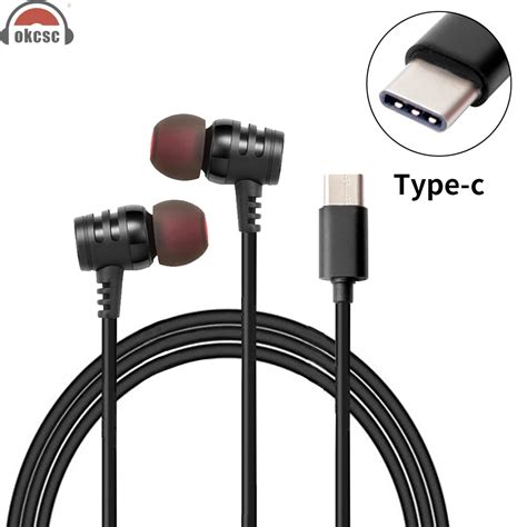 Okcsc Usb Type C Plug Earphones With Mic In Ear Earbuds Adapter Button Control Headsets For