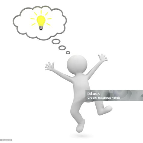 행복 한 3d 사람 축 하 및 흰색 배경 위에 고립 된 그의 머리 위에 생각 거품에서 아이디어 전구 점프 3차원 형태에 대한