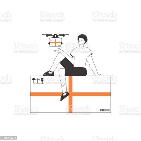 한 남자가 무인 항공기와 함께 패키지를 보냅니다 드론 배달 개념 선형 트렌디 한 스타일 흰색 배경에 고립되어 있습니다 벡터