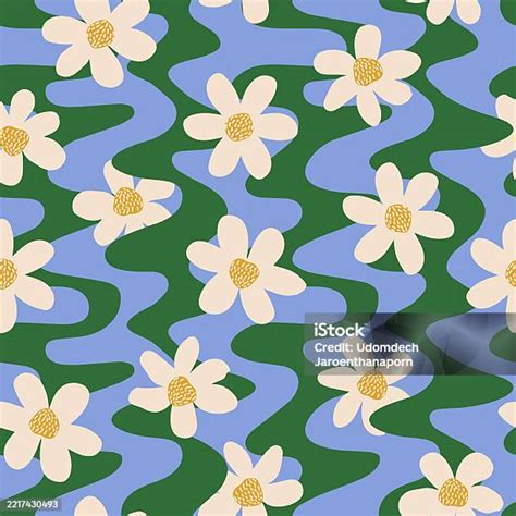 추상적인 웨이브 스트라이프가 있는 꽃 패턴 직물 섬유 의류 커버 포스터 배너 포장 벽지 인테리어 장식에 대 한 그루비 꽃 배경 벡터 일러스트 레이 션 귀여운에 대한 스톡