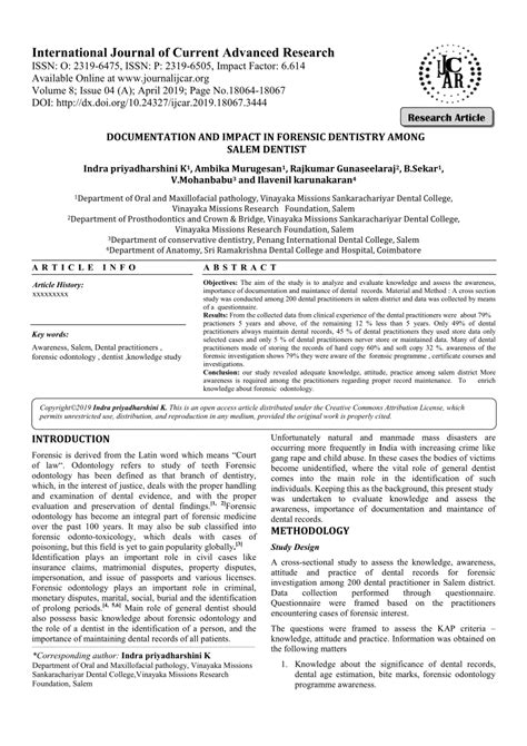 Pdf Documentation And Impact In Forensic Dentistry Among