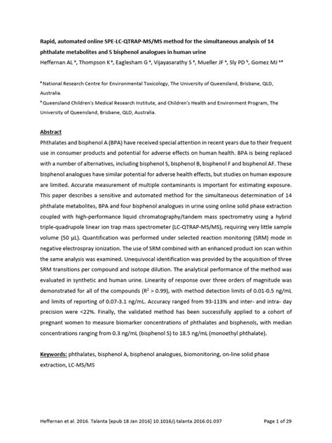 Rapid Automated Online Spe Lc Qtrap Msms Method For The Simultaneous Analysis Of 14 Phthalate