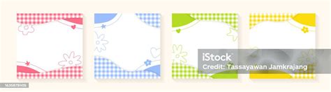 귀여운 프레임 파스텔 체크 무늬 깅엄 체크 무늬 하트 플라워 스타 세트 정사각형 포스트 배너 템플릿 프레임 테두리 메모 스티커 메모 용지 배경 빈 메모 복사 공간 벡터