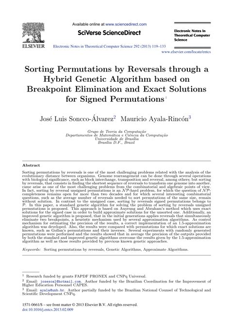 Pdf Sorting Permutations By Reversals Through A Hybrid Genetic Algorithm Based On Breakpoint