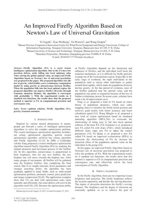 PDF An Improved Firefly Algorithm Based On Newton S Law Of