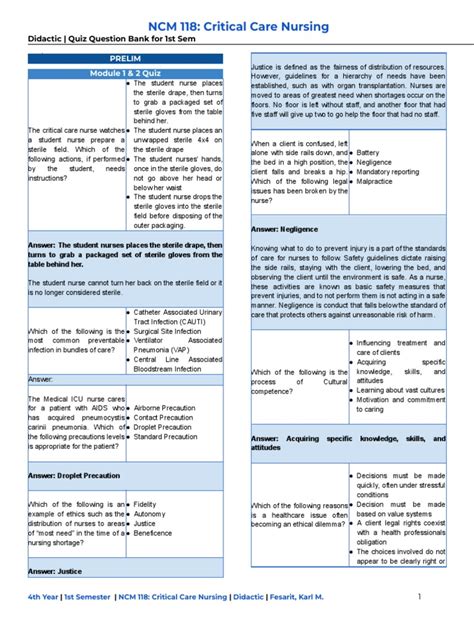 Question Bank Didactic Ncm 118 Pdf Health Sciences Clinical Medicine