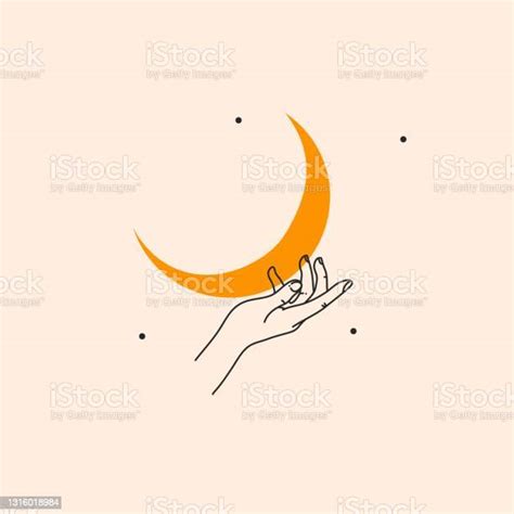 로고 요소와 손으로 그린 벡터 추상 스톡 플랫 그래픽 일러스트 골드 달 초승달의 보헤미안 매직 라인 아트 브랜드에 대한 간단한 스타일의 여성 손 색상 배경에 고립 검은색에
