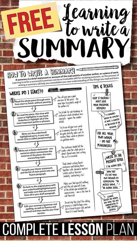 Free Writing Lesson Writing A Summary Teaching Summary Writing Middle School Writing