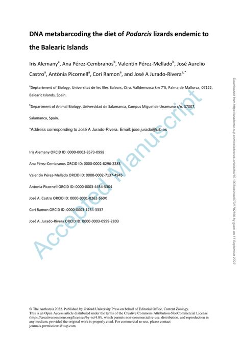 Pdf Dna Metabarcoding The Diet Of Podarcis Lizards Endemic To The Balearic Islands