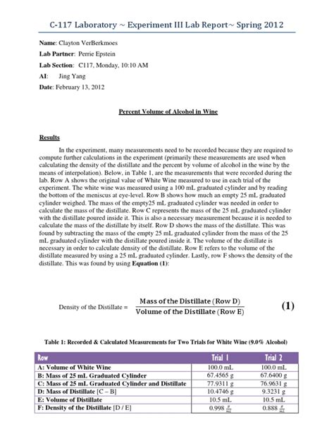 Experiment Iii Lab Report Alcohol In Wine Ethanol Distillation