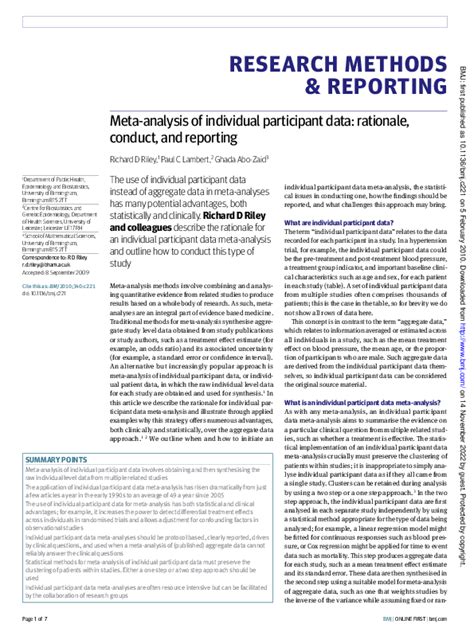 Pdf Meta Analysis Of Individual Participant Data Rationale Conduct And Reporting