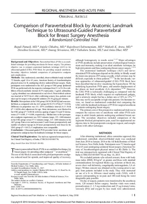 Pdf Comparison Of Paravertebral Block By Anatomic Landmark Technique To Ultrasound Guided