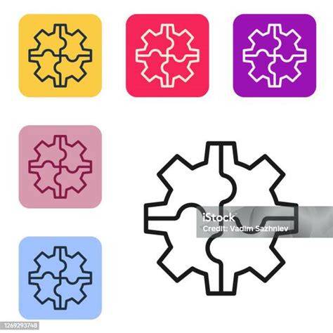 흰색 배경에 격리 된 검은 줄 기어 아이콘 코그휠 기어 설정 표지판 코그 기호 색상 정사각형 단추로 아이콘을 설정합니다 벡터