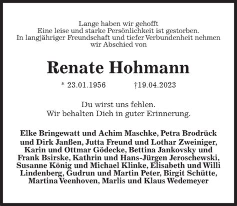 Traueranzeigen Von Renate Hohmann Trauer Anzeigen De