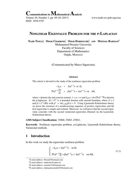 Pdf Nonlinear Eigenvalue Problem For The P Laplacian